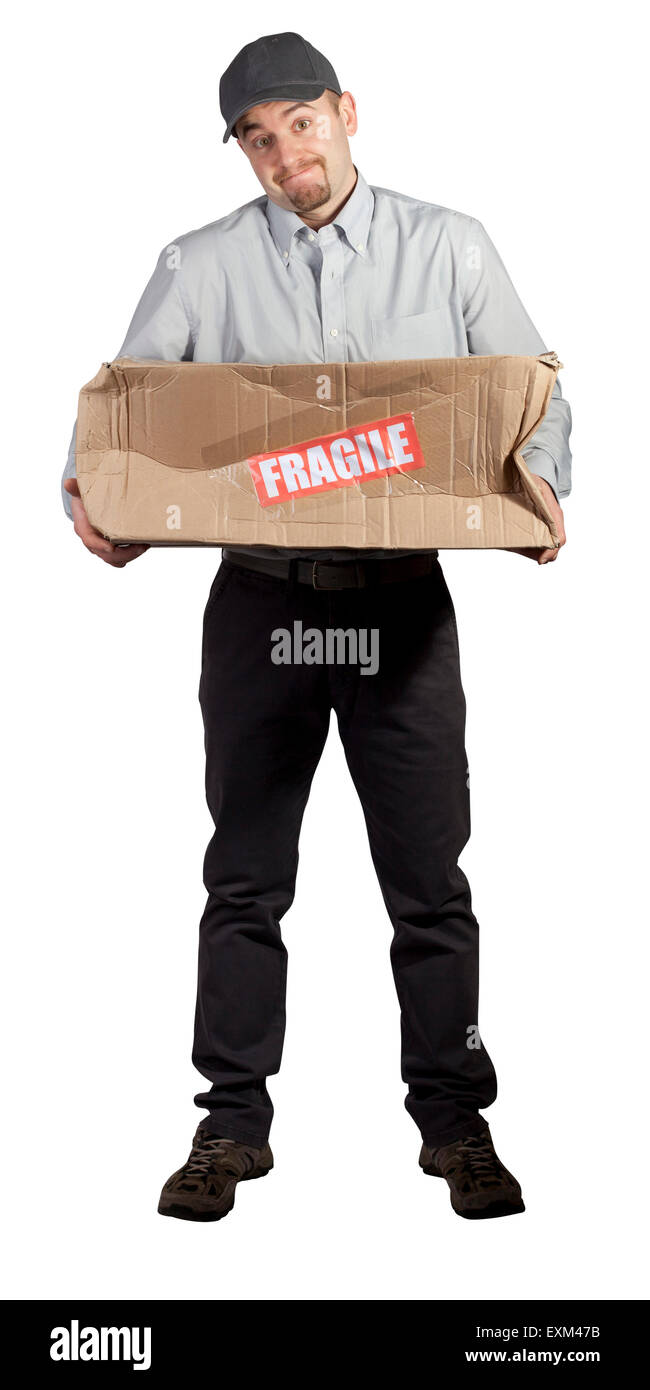 portrait of caucasian delivery man and damaged parcel Stock Photo - Alamy
