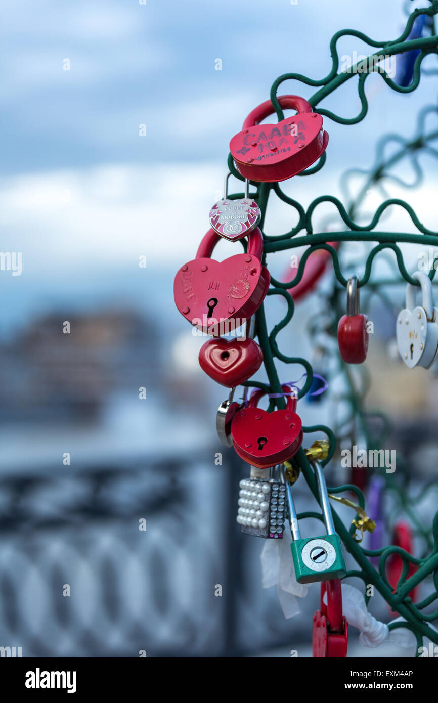 Colorful love locks attached to metal tree on the Luzhkov bridge ...
