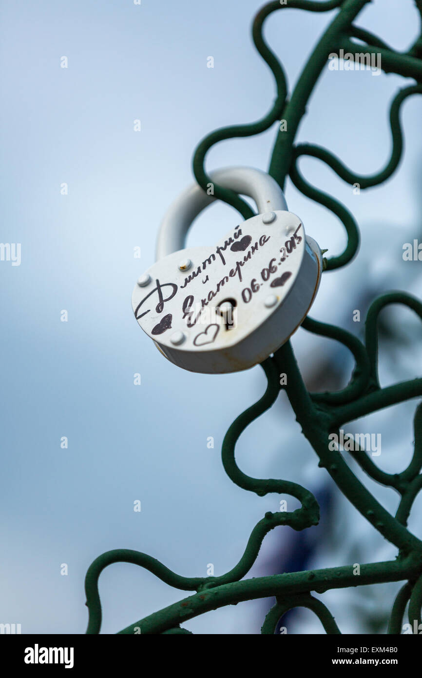 Colorful love locks attached to metal tree on the Luzhkov bridge ...