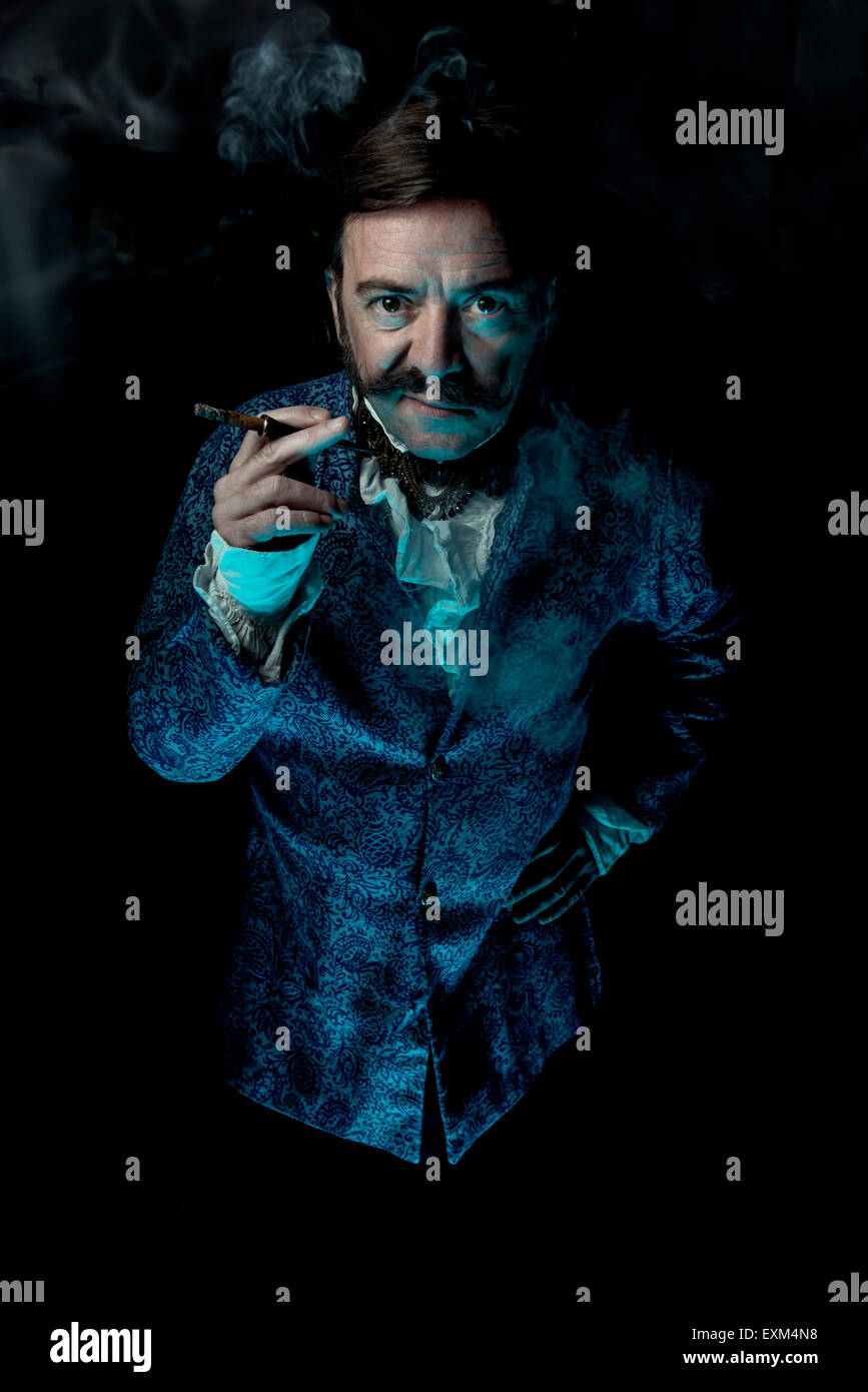 character portrait of a man with a cool mustache smoking a cigarette ...