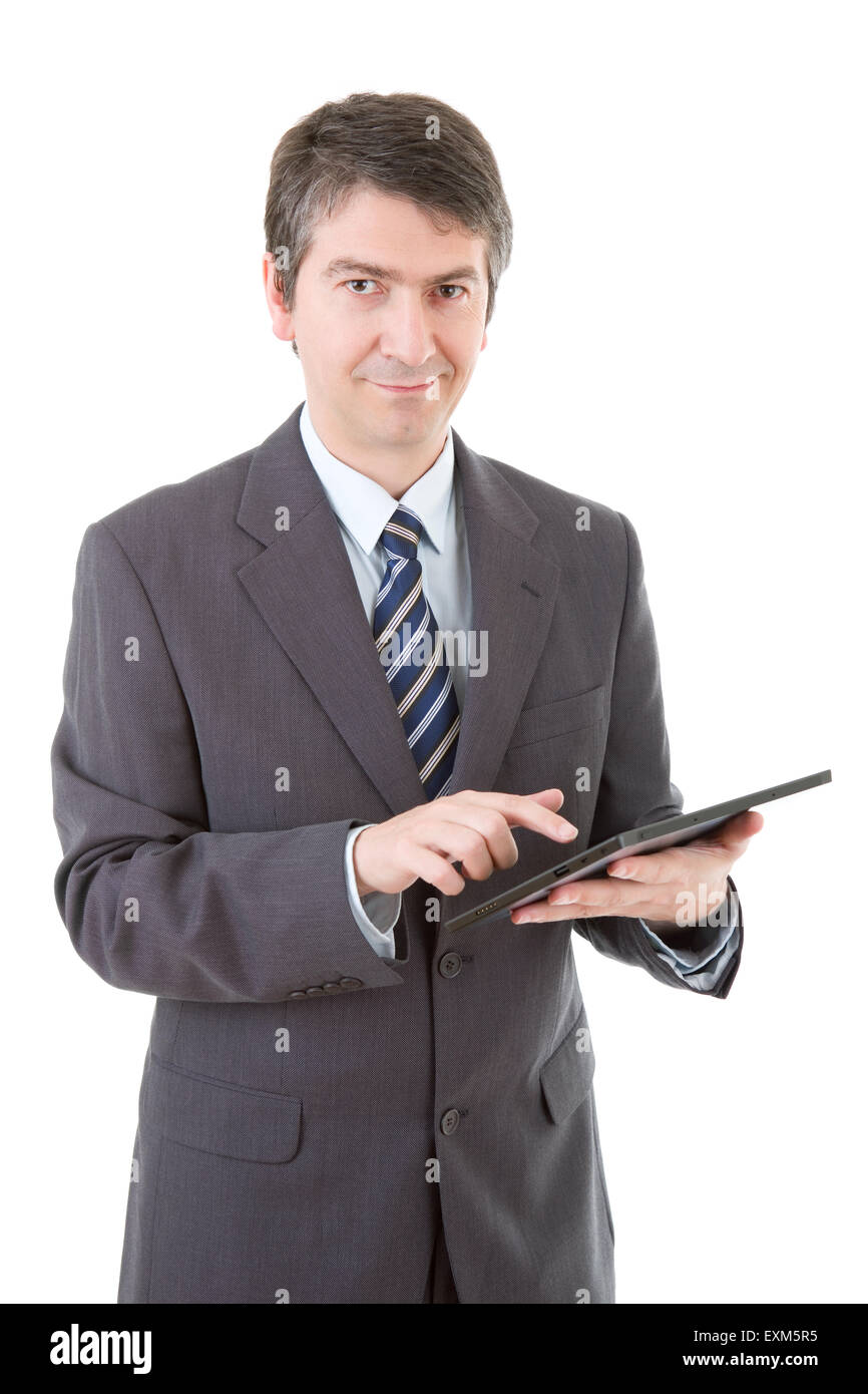businessman using touch pad of tablet pc, isolated Stock Photo - Alamy
