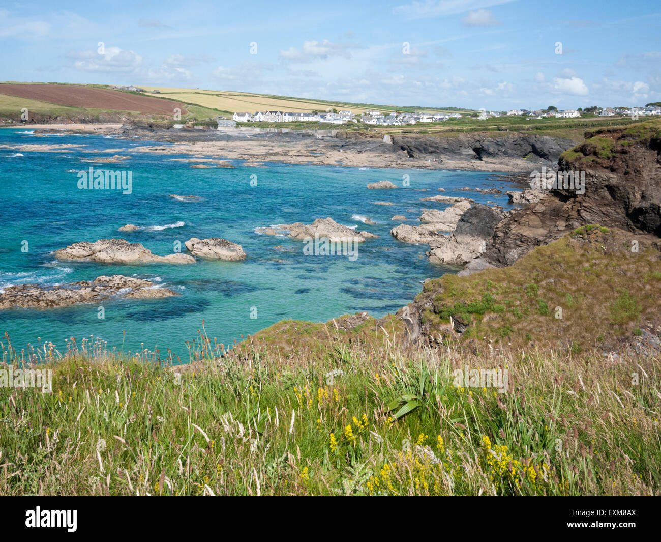 A view across the rugged north Cornwall coast to Trevone Bay Stock ...
