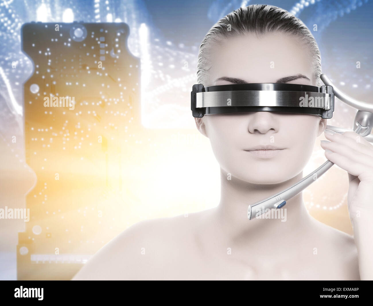 Beautiful cyber woman over abstract background Stock Photo - Alamy