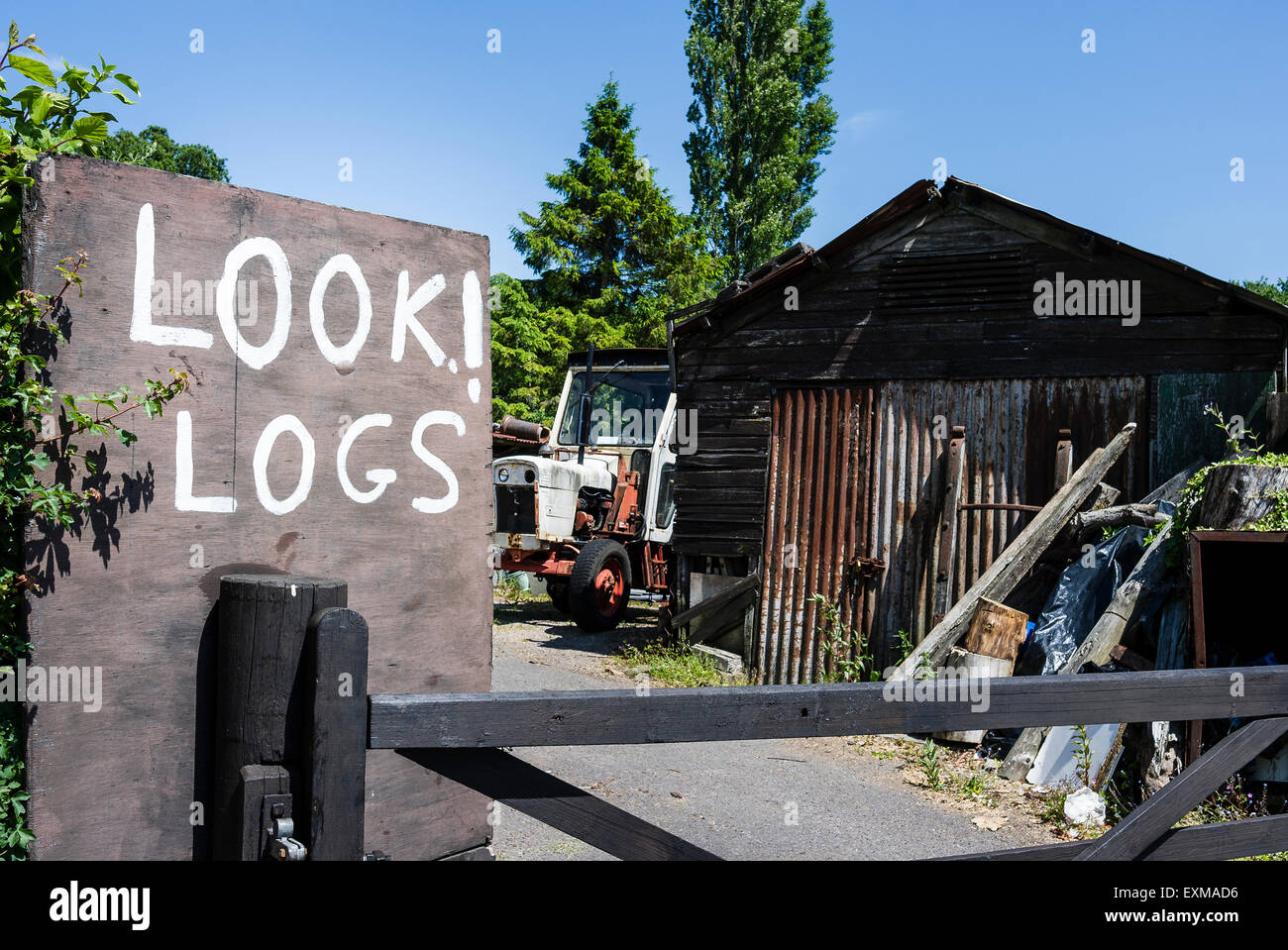LOOK LOGS sign outside farmyard in Somerset Stock Photo - Alamy
