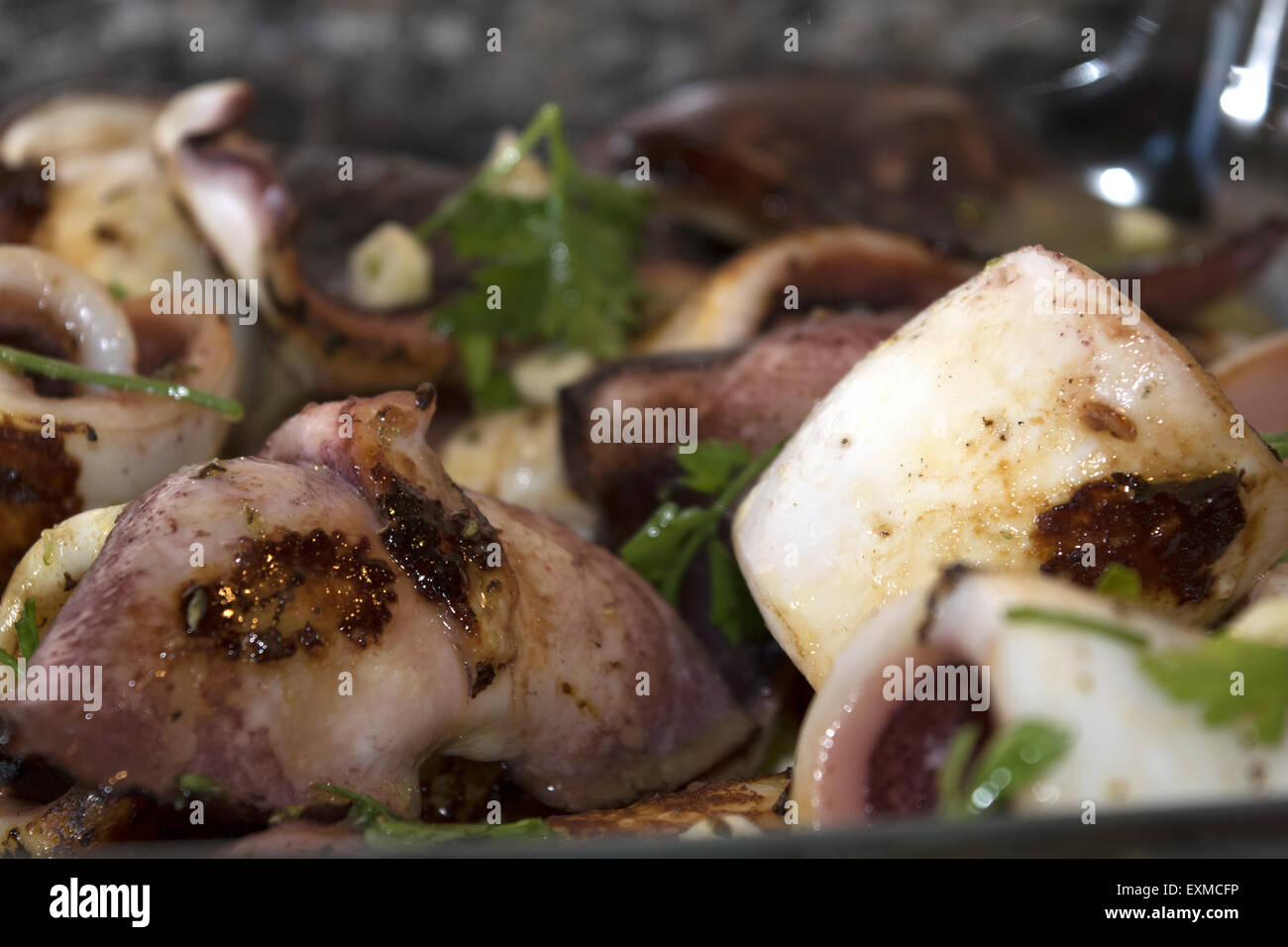 squids at the griddle with seasoning of oil and lemon Stock Photo - Alamy