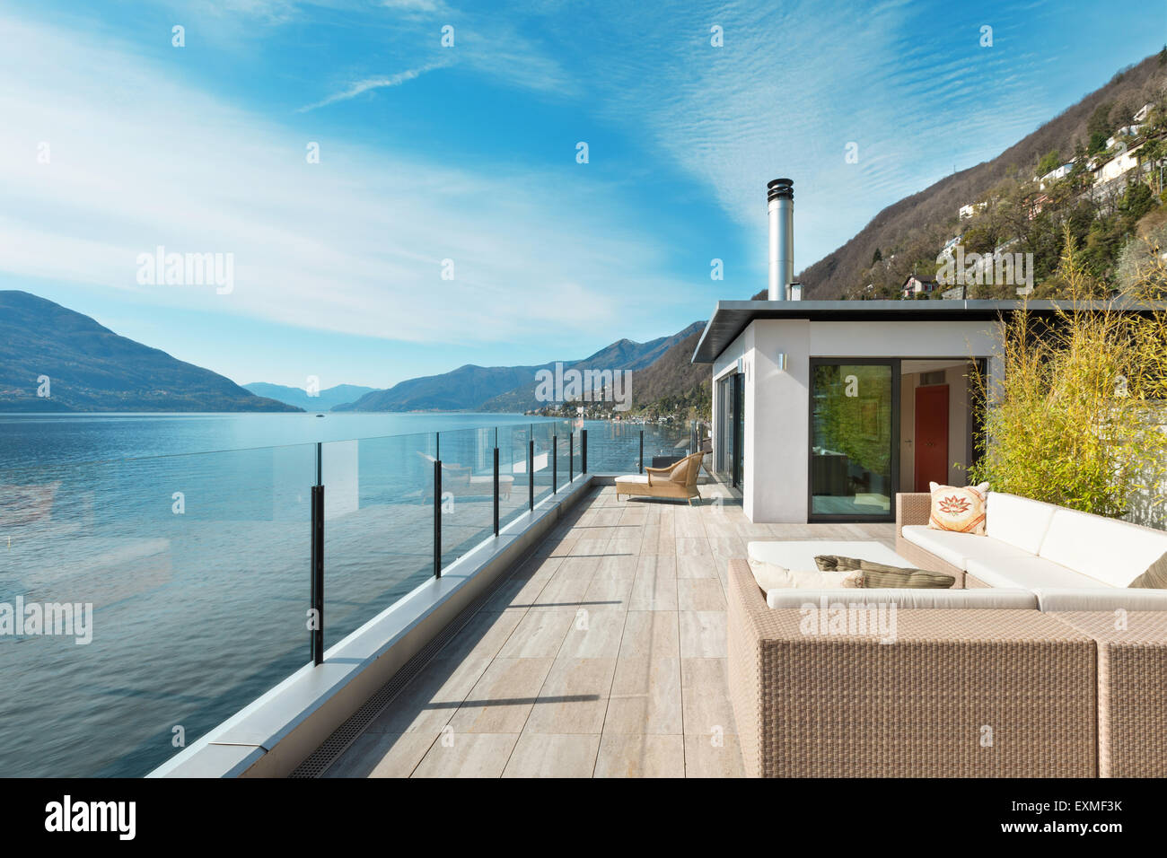 modern architecture, beautiful lake view from the terrace of a ...
