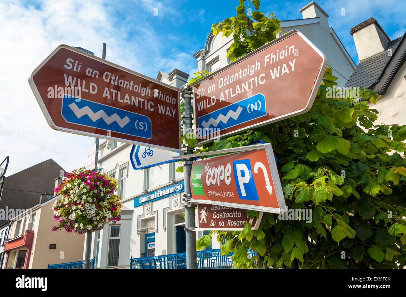 Signpost for Wild Atlantic Way in Dungloe or Dunglow a Gaeltacht town ...