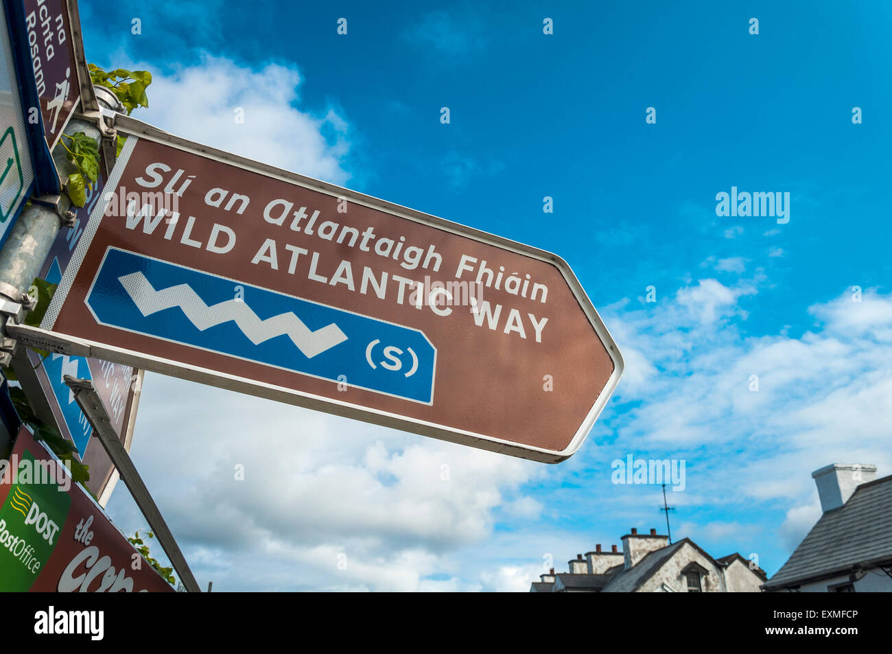 Signpost for Wild Atlantic Way in Dungloe or Dunglow a Gaeltacht town ...