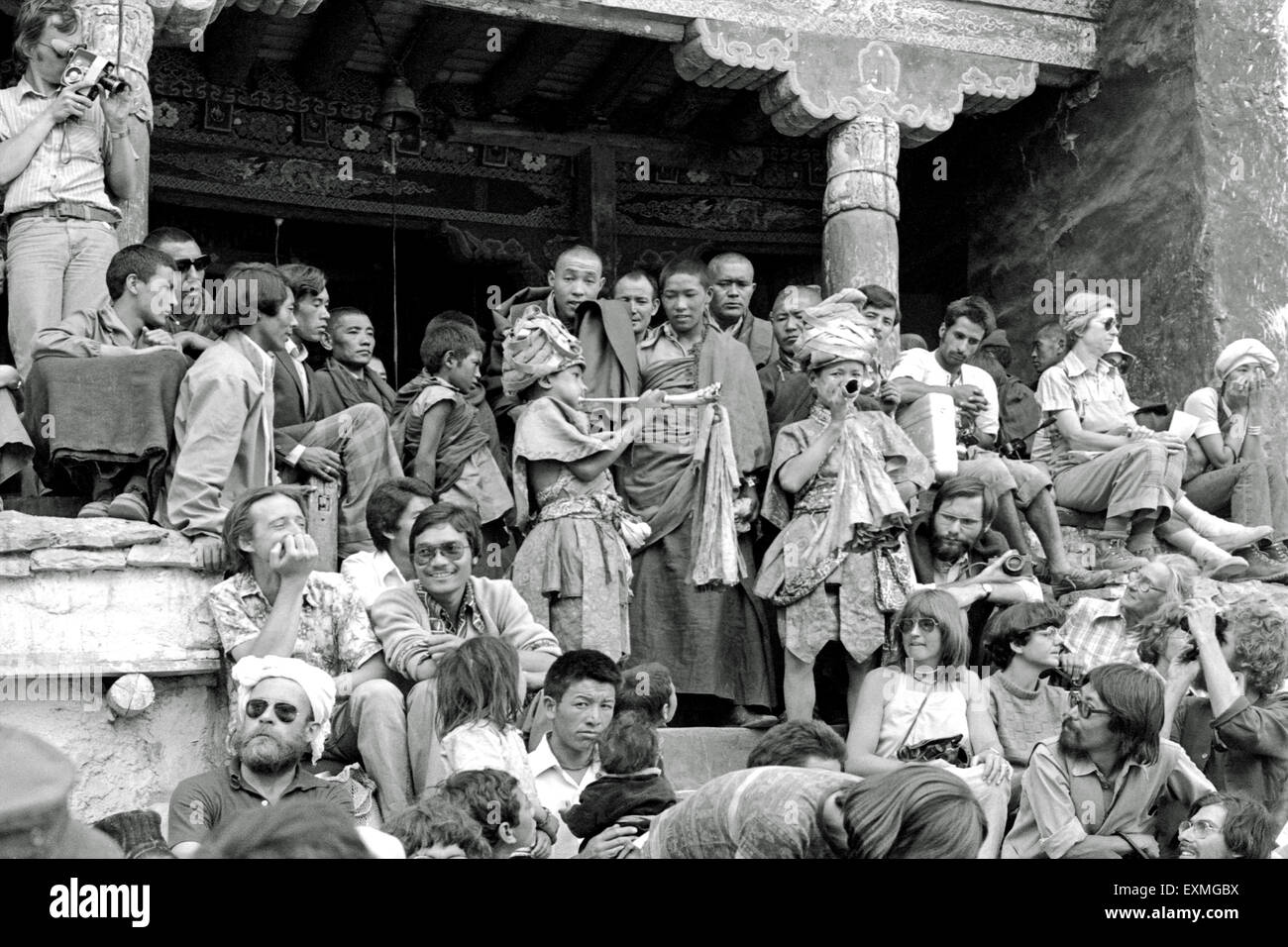 Buddhist monk playing musical instrument Tibetan flute, Hemis Festival ...
