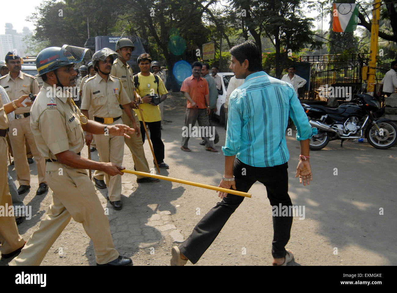 Police personnel charge lathi against a dalit rioter Bhandup Dalit ...