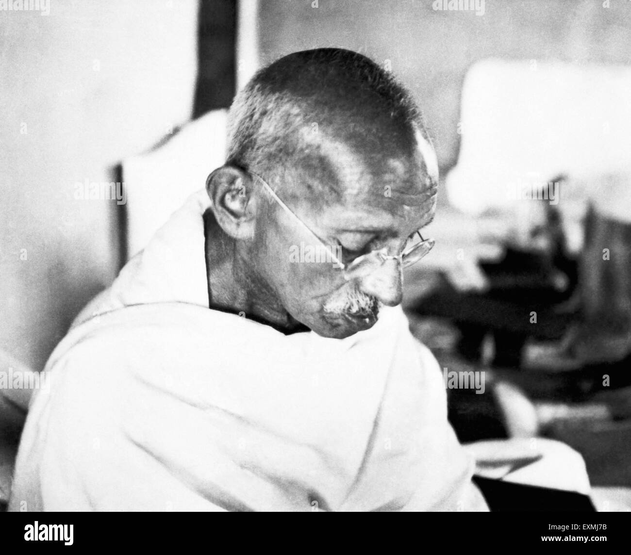 Mahatma Gandhi in his hut at Sevagram Ashram ; 1944 NO MR Stock Photo ...