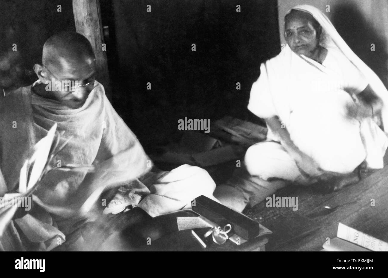 Kasturba Gandhi and Mahatma Gandhi in Mahatma Gandhi's hut at Sevagram ...