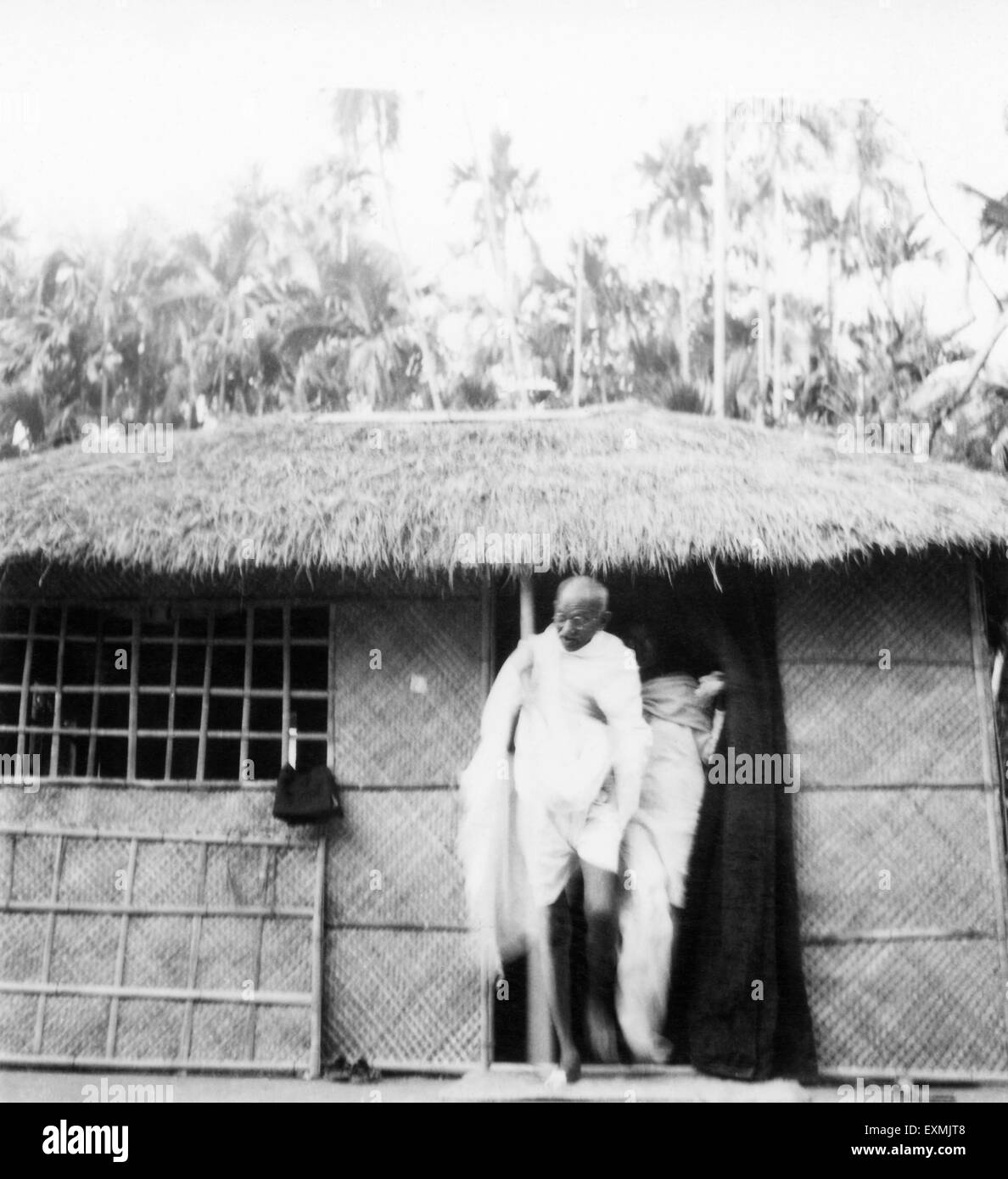 Mahatma Gandhi and Manu Gandhi leaving his mobile hut in Noakhali East ...