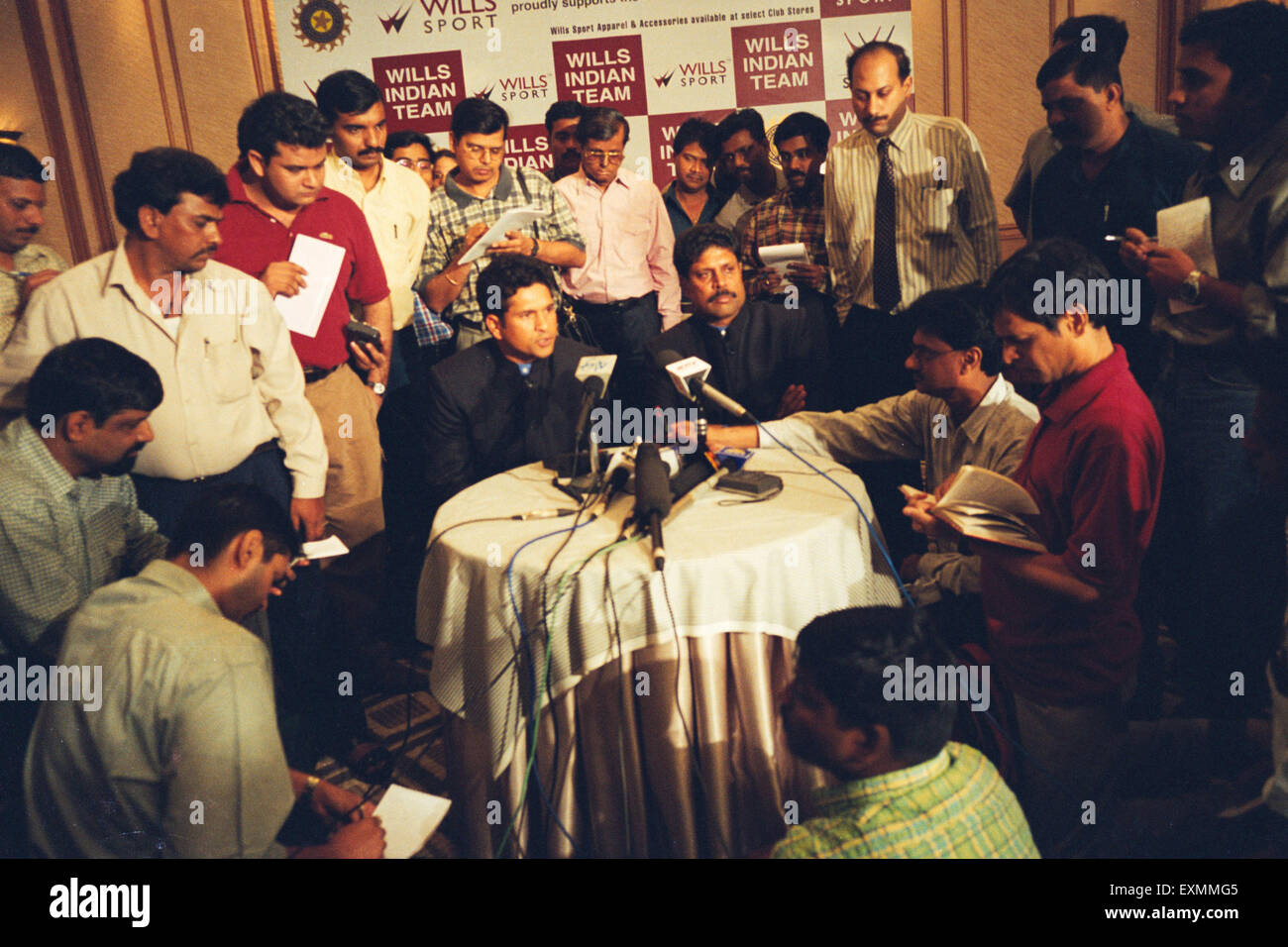 Indian cricketer Sachin Tendulkar and Kapil Dev in press conference ...