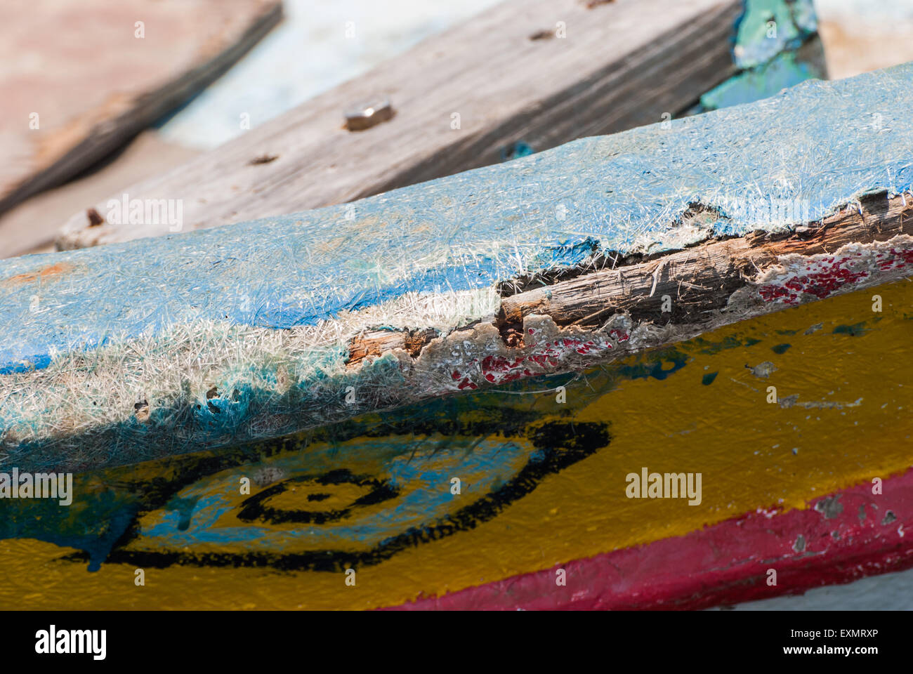 Bow of old fishing boat of traditional construction with evil eye decor ...