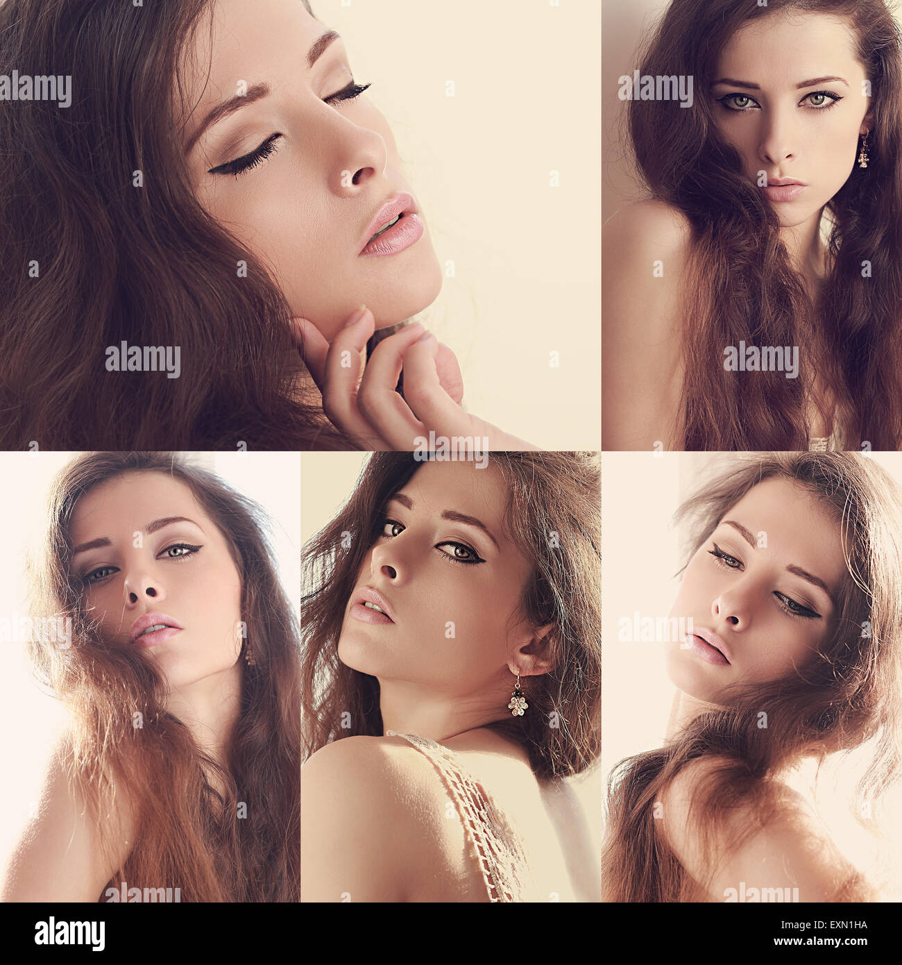 Collage of beautiful makeup woman with long brown hair in different ...