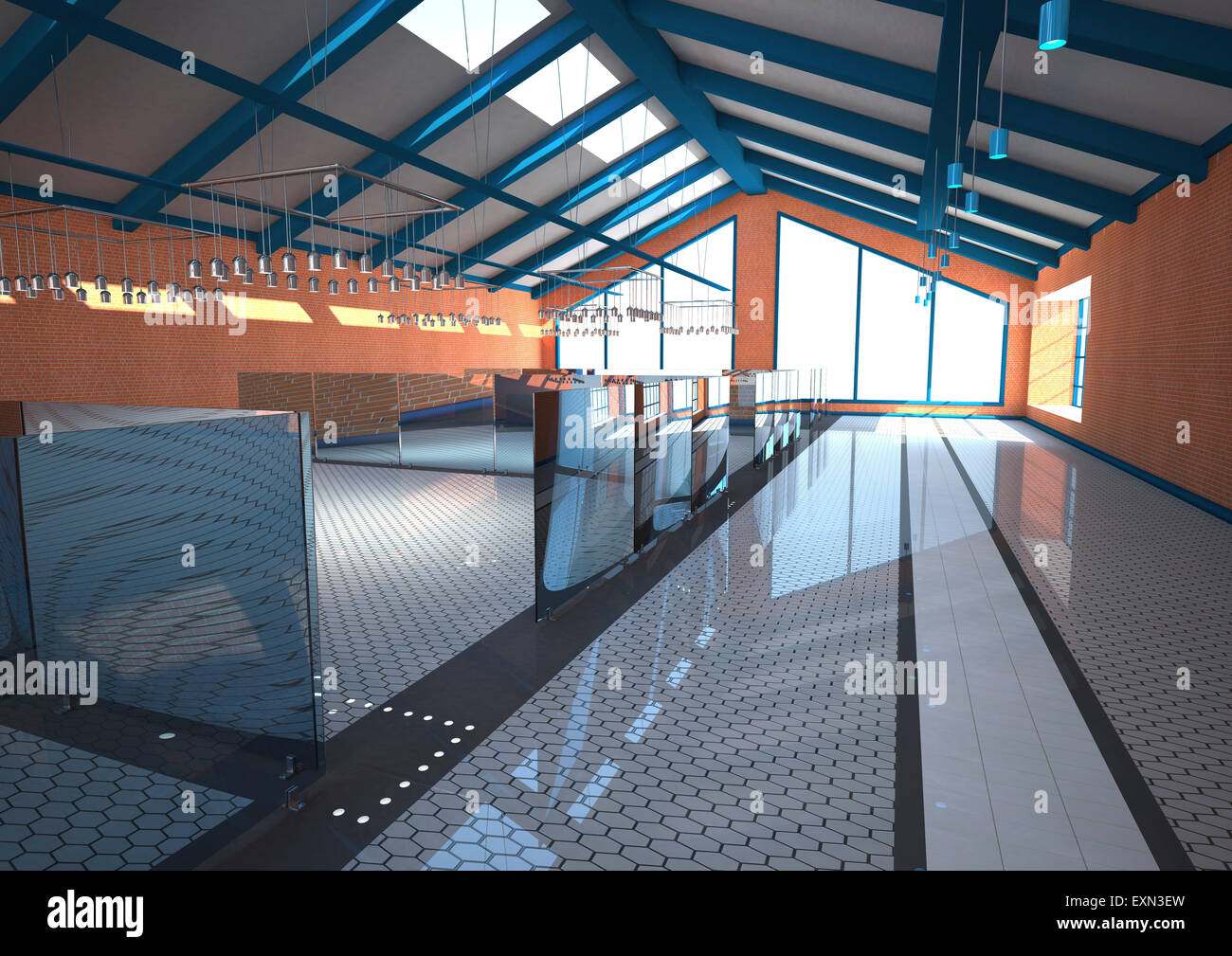 3D Illustration, Big hall with empty training rooms Stock Photo - Alamy