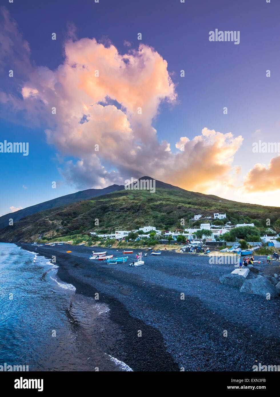 Italy, Sicily, Aeolian Islands, Isola Stromboli, Volcano and beach in ...