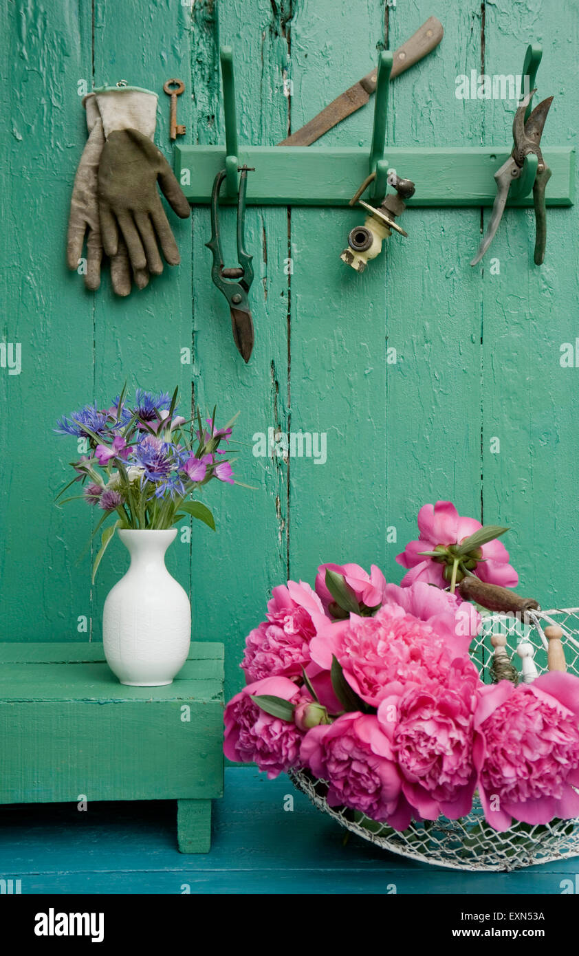 Still life with garden flowers and different gardening tools Stock ...