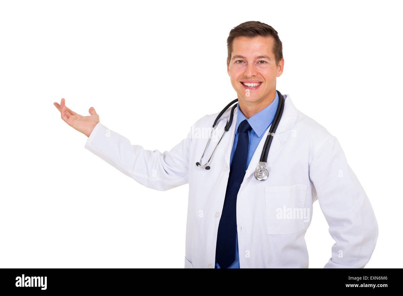 young medical doctor presenting on white background Stock Photo - Alamy