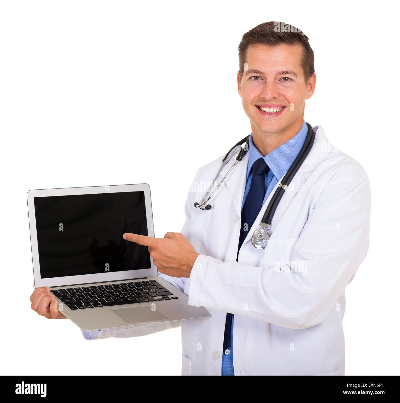 happy doctor pointing laptop screen on white background Stock Photo - Alamy