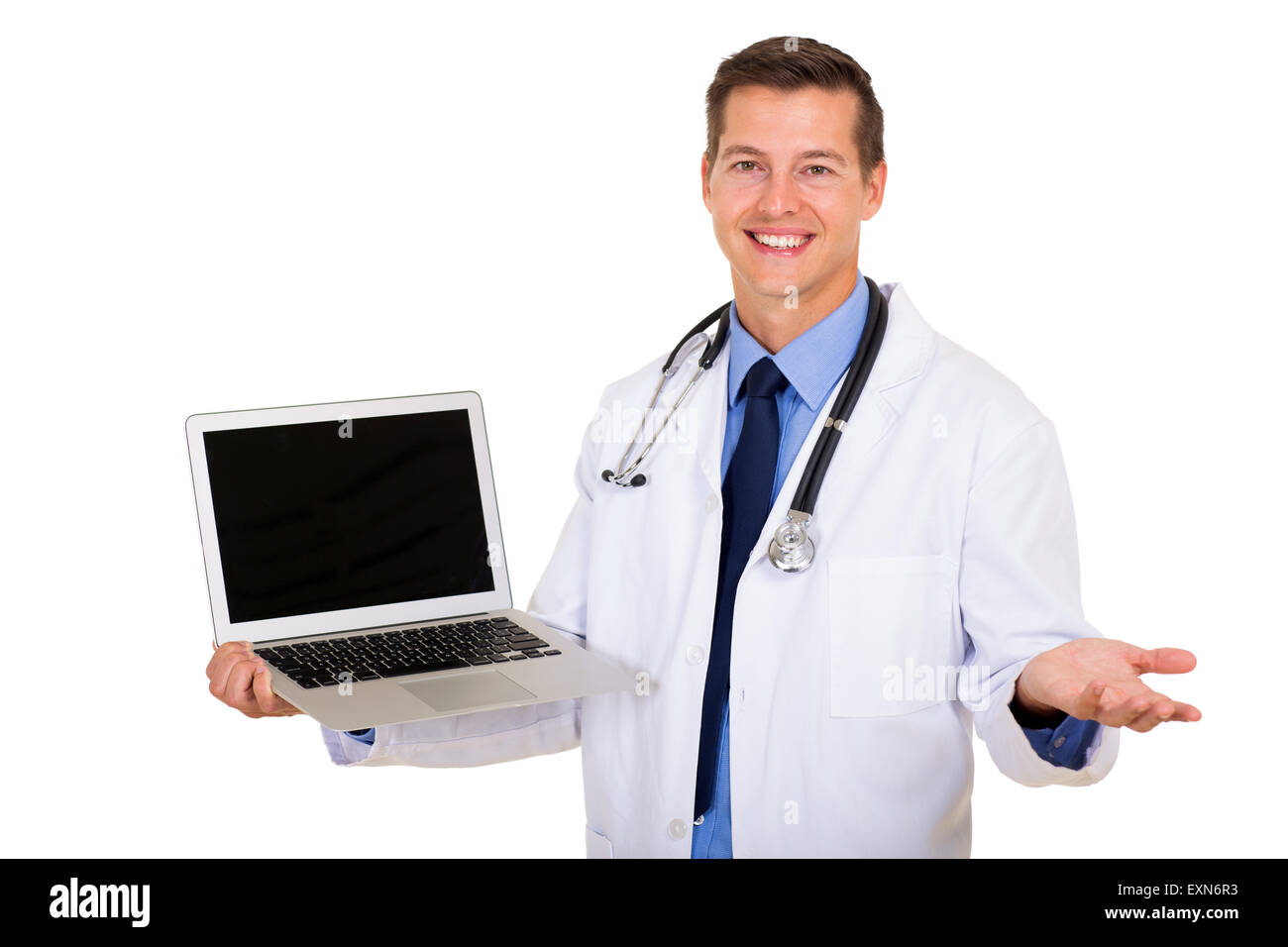 smiling doctor presenting laptop blank screen on white background Stock ...