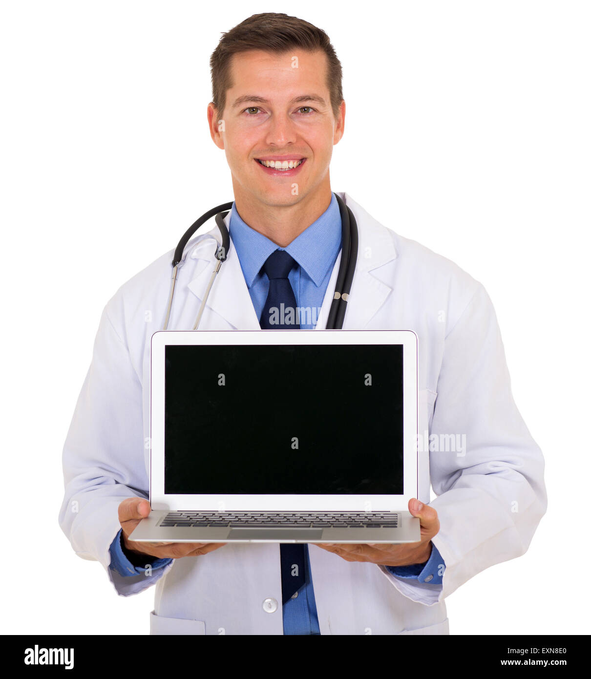 smiling male doctor showing laptop screen Stock Photo - Alamy