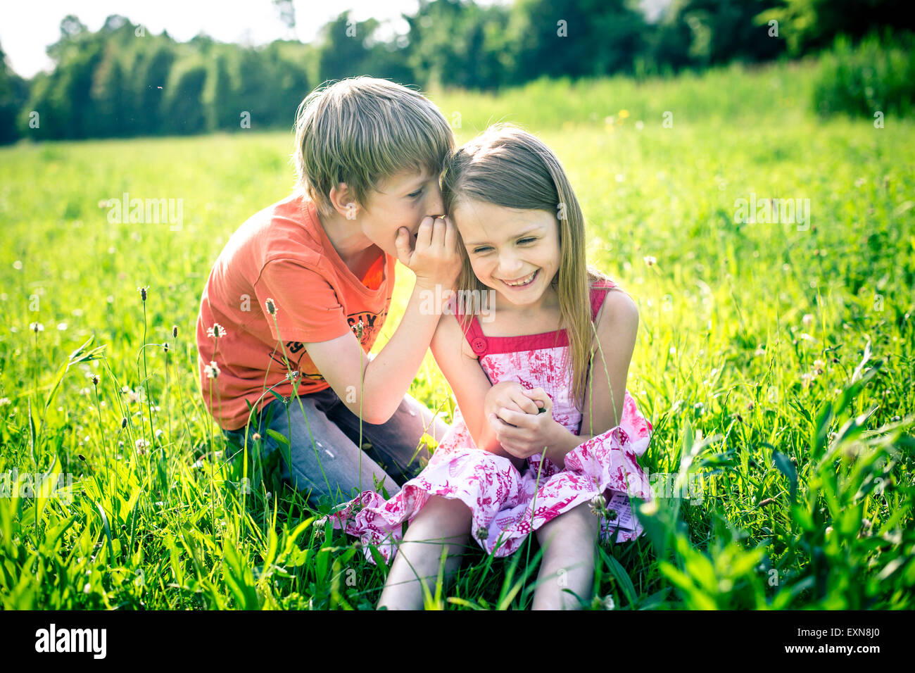 Boy whispering something in the ear of his sister Stock Photo - Alamy