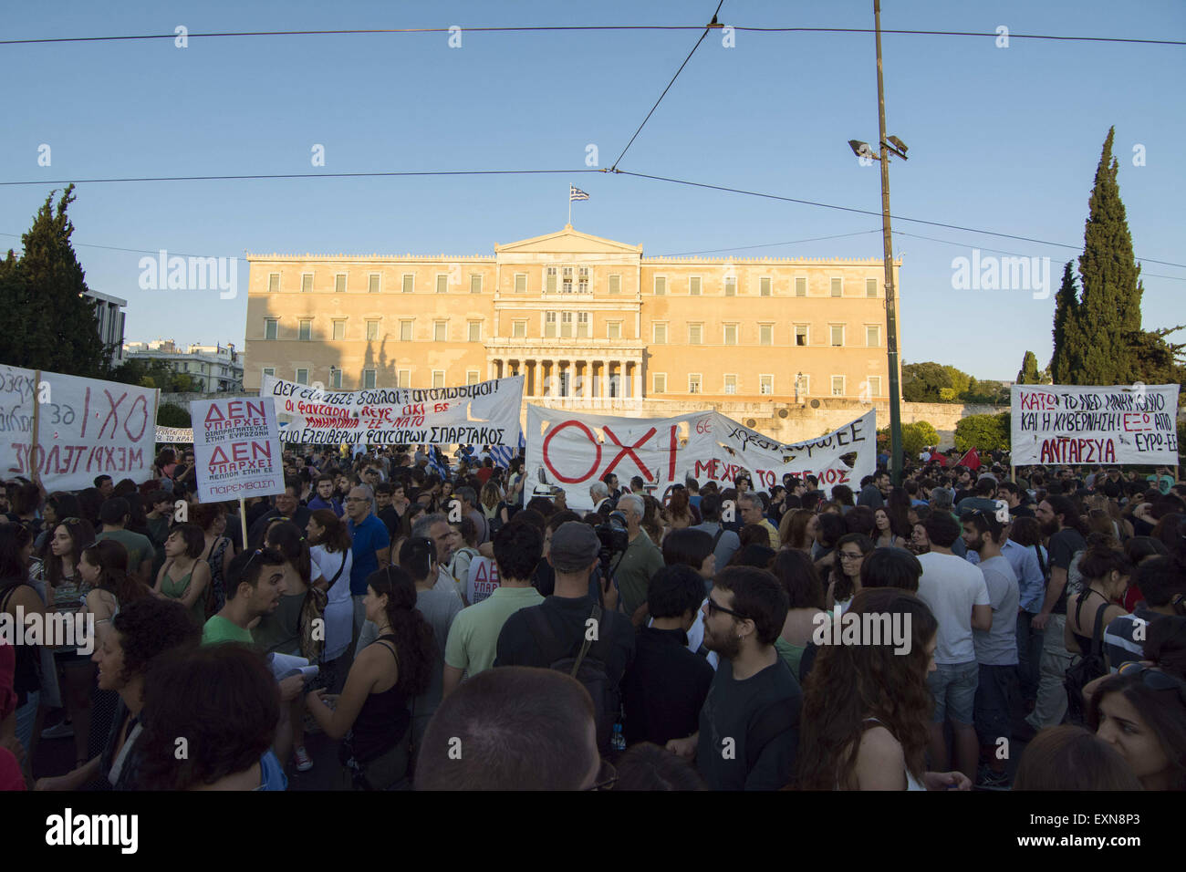 Athens, Greece. 15th July, 2015. Protesters hold banners outside the ...
