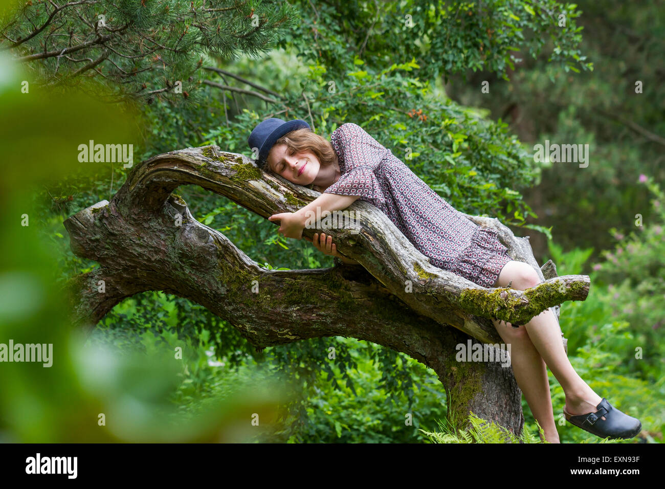 Happy young woman lying on a tree trunk Stock Photo - Alamy