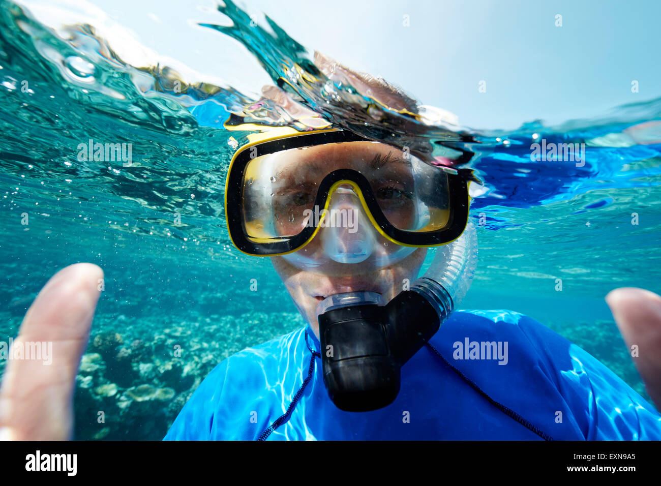 Maldives, portrait of woman snorkeling in the Indian Ocean Stock Photo ...
