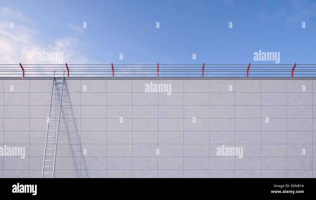 3D Rendering, ladder leaning against wall, barbed wire Stock Photo - Alamy
