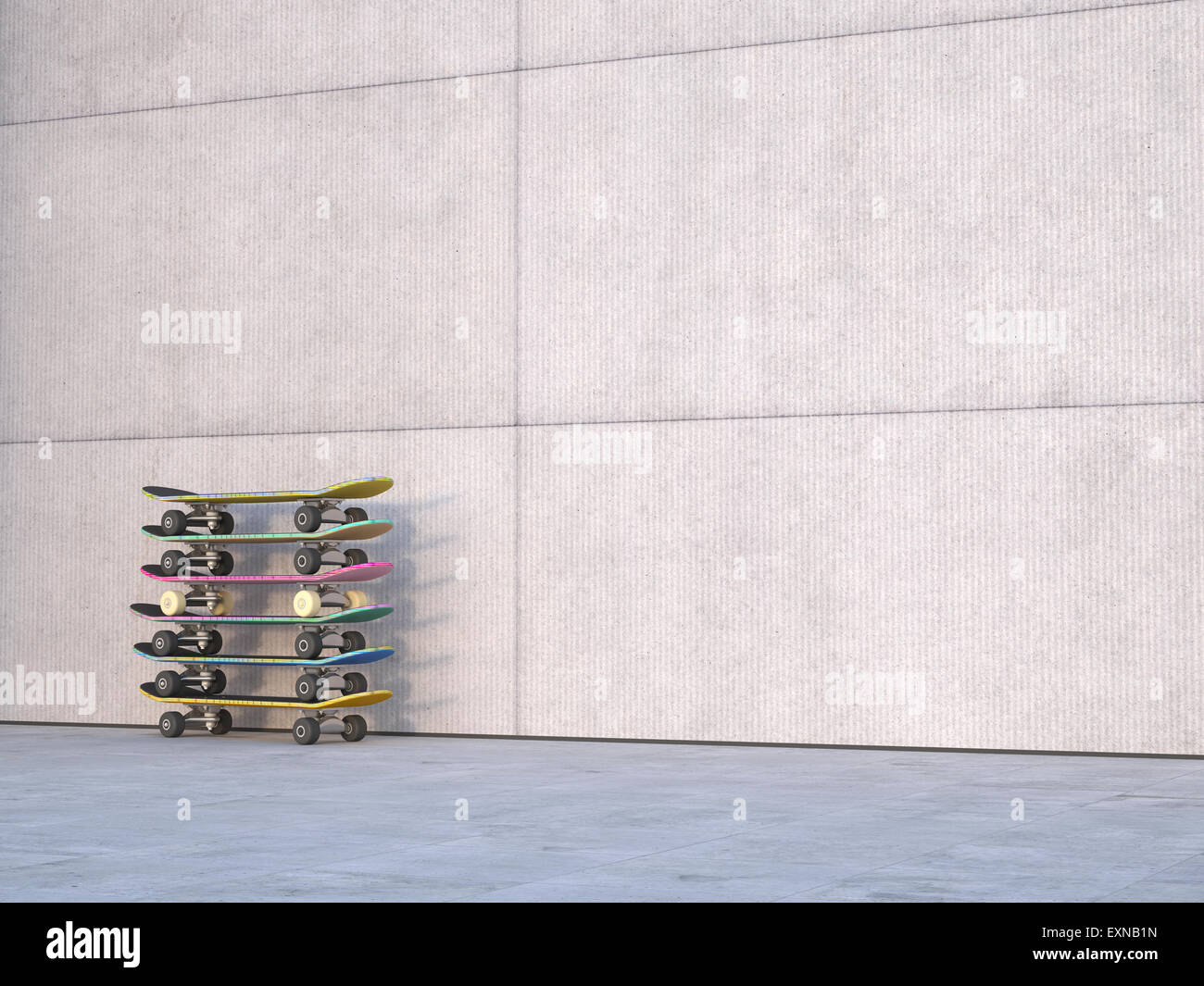 Stack of skateboards in front of concrete wall, 3D Rendering Stock ...
