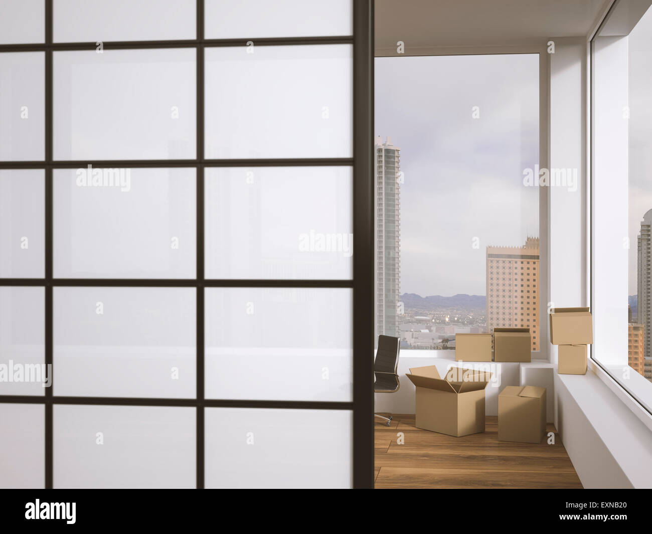 Cardboard boxes in office, 3d rendering Stock Photo - Alamy