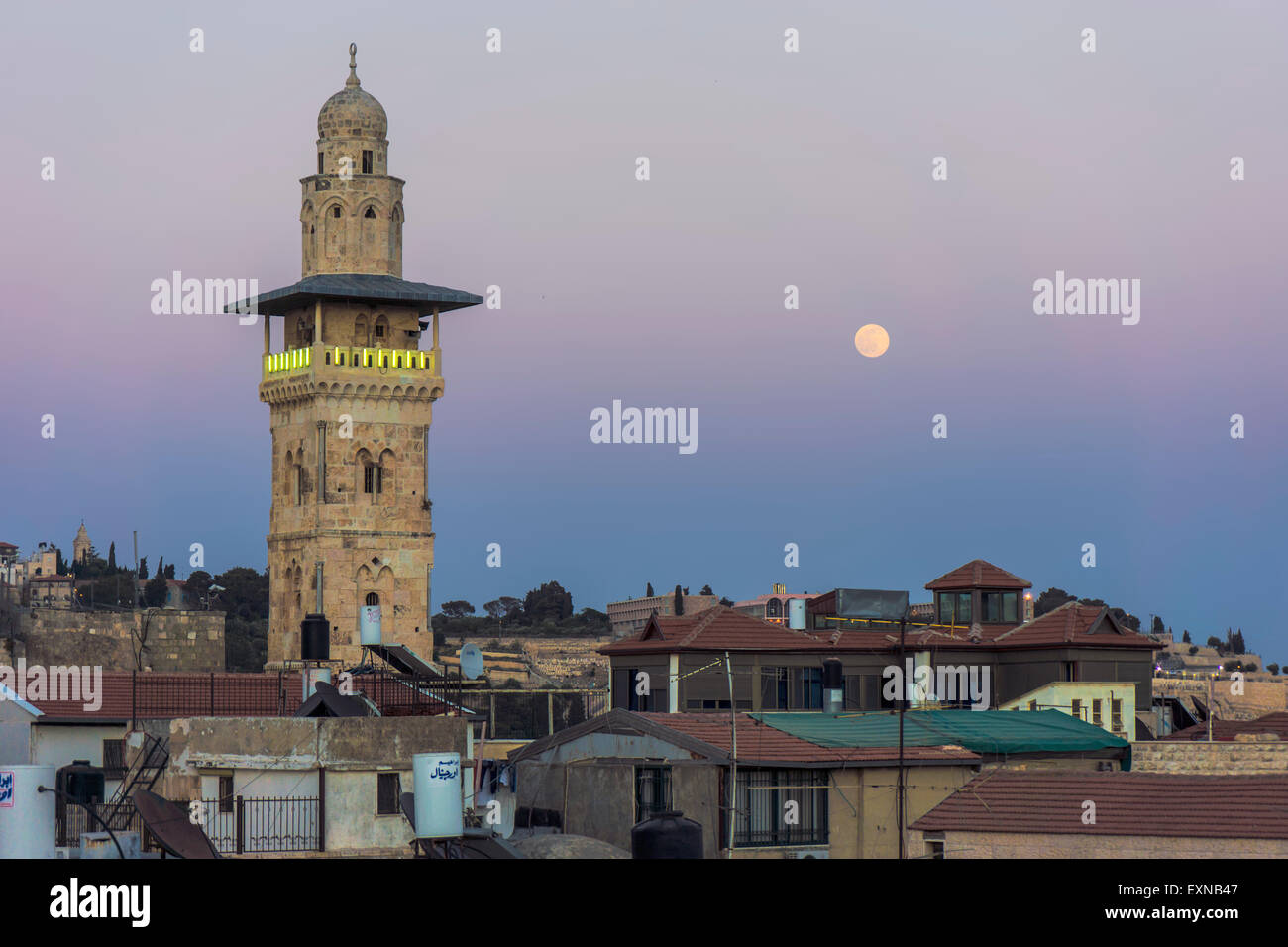 Israel, Jerusalem, Muslim quarter with minaret, full moon Stock Photo ...