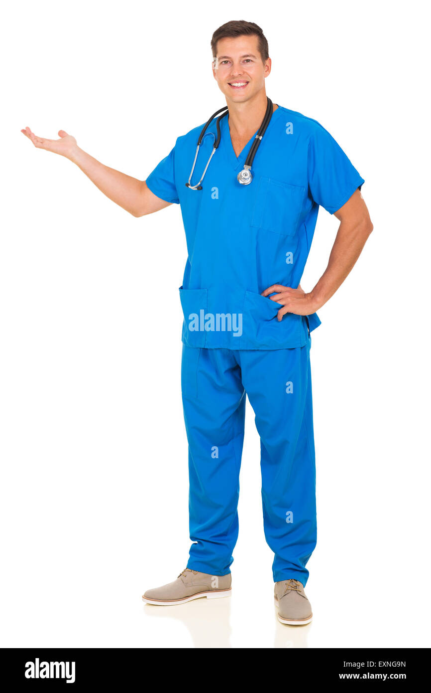 friendly medical doctor doing welcome gesture on white background Stock ...