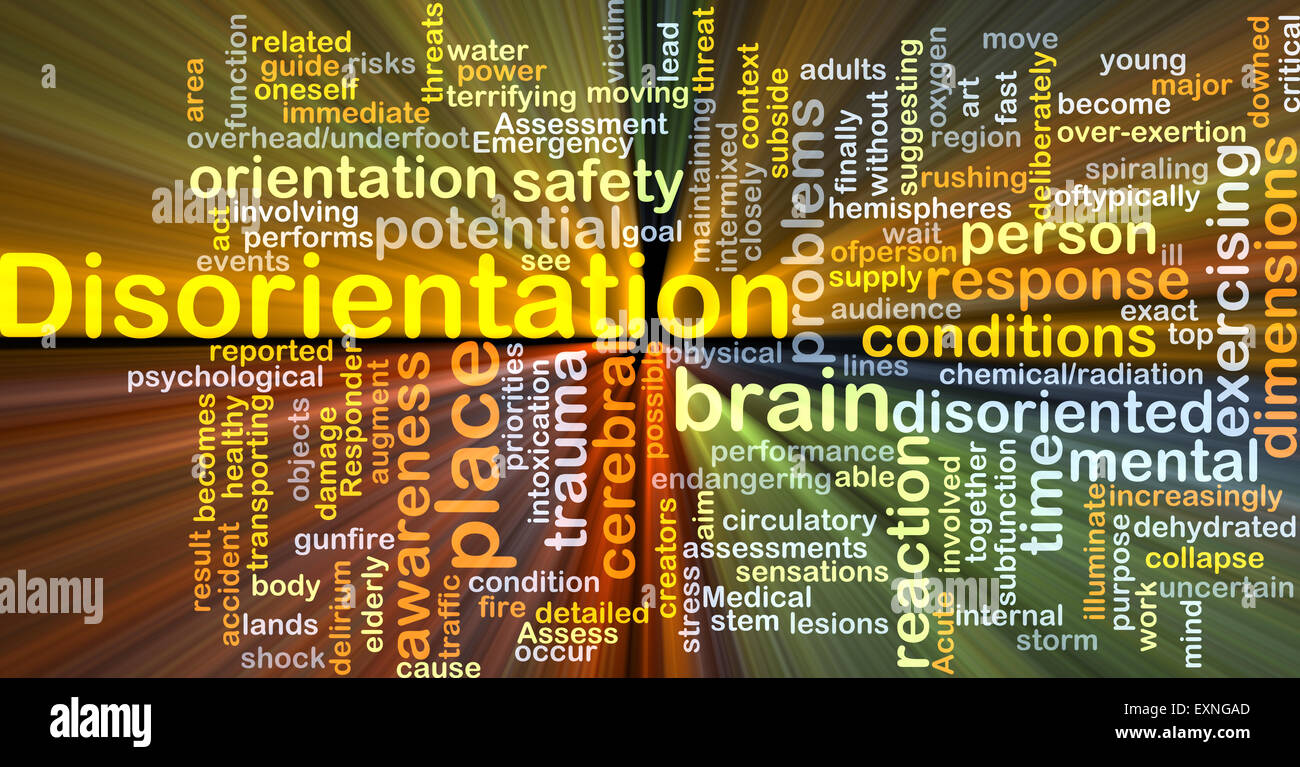 Background concept wordcloud illustration of disorientation glowing ...