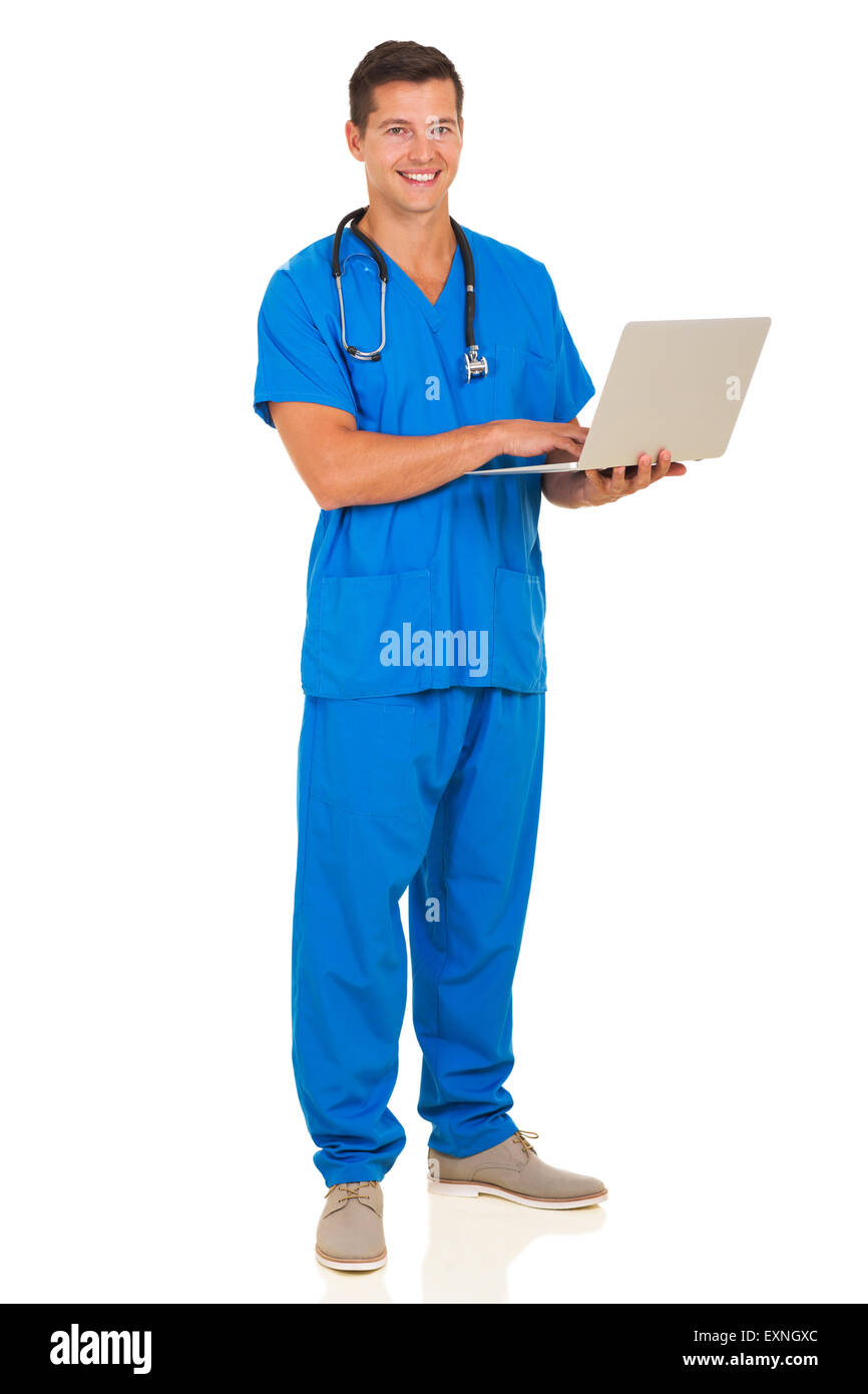 full length portrait of male nurse using laptop computer Stock Photo ...