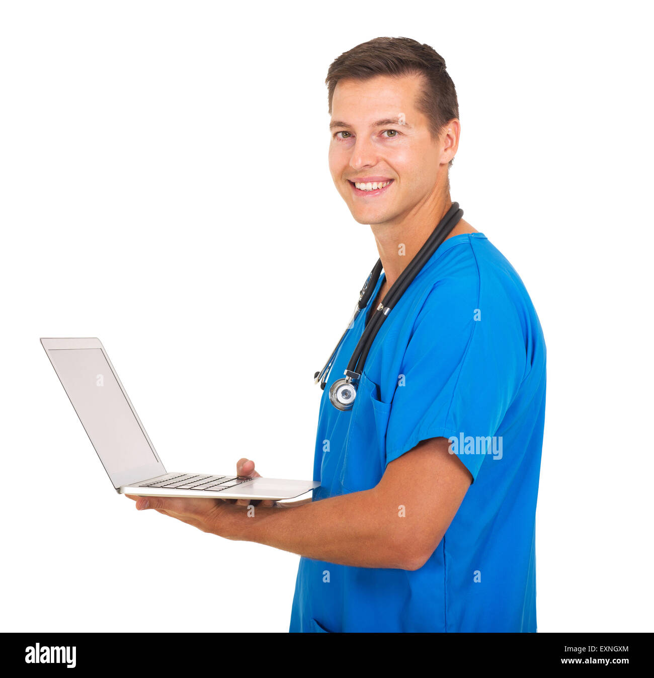 happy medical worker using laptop computer on white background Stock ...