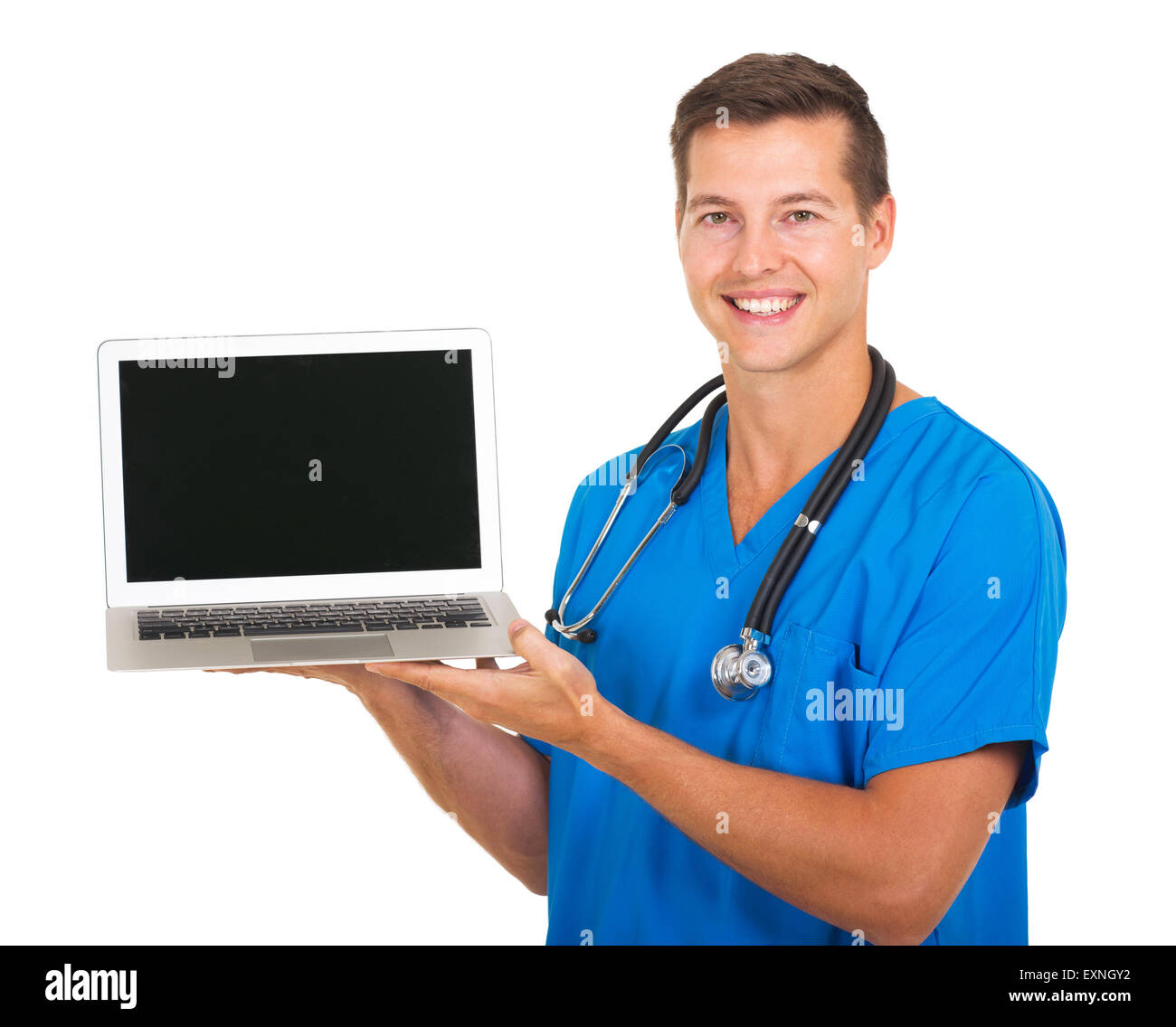 modern young doctor presenting laptop screen Stock Photo - Alamy