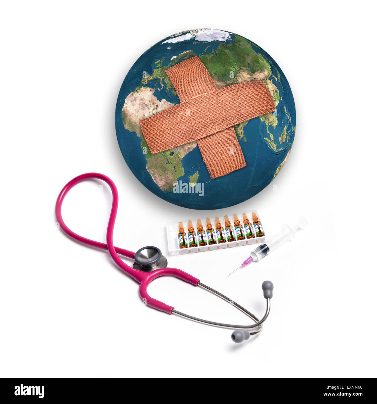 Earth with adhesive plaster with syringe and stethoscope isolated on ...