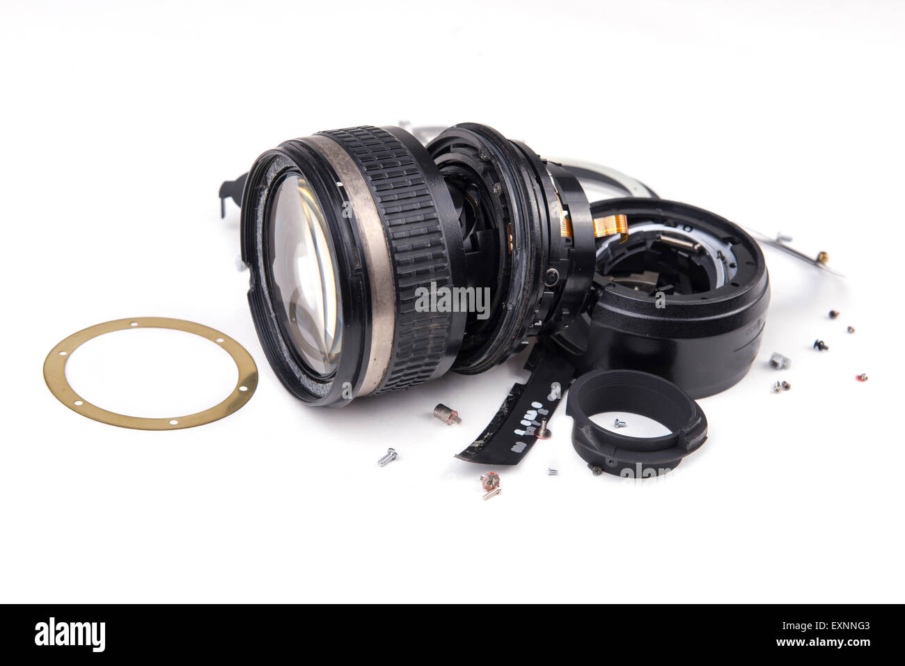 camera lens has been dropped and shattered on white background Stock ...