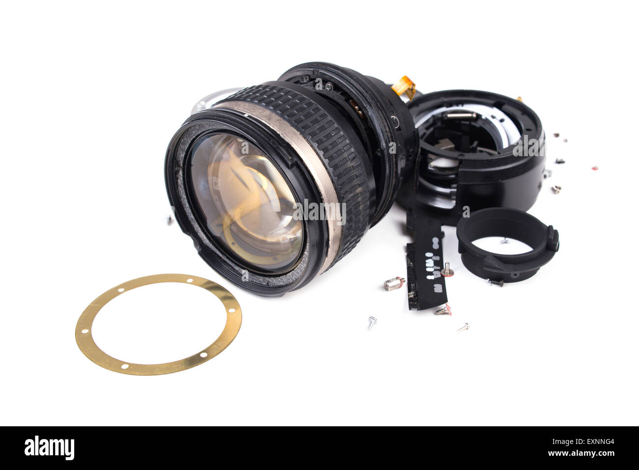 camera lens has been dropped and shattered on white background Stock ...