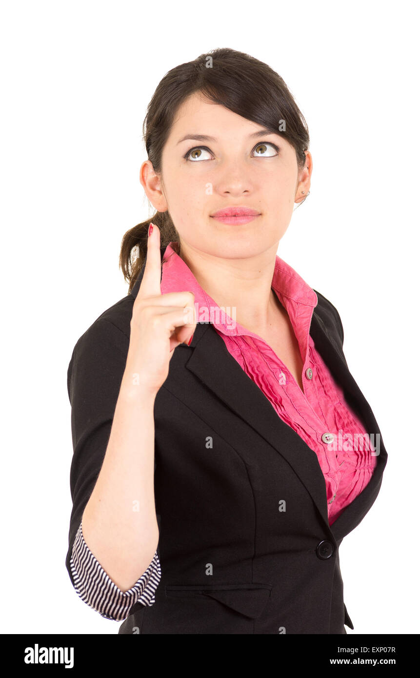 Hispanic woman in pink shirt and black blazer jacket holding one finger ...