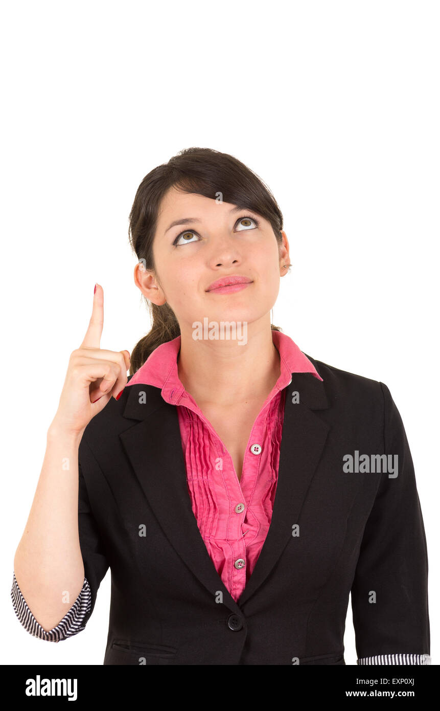 Hispanic woman in pink shirt and black blazer jacket holding one finger ...