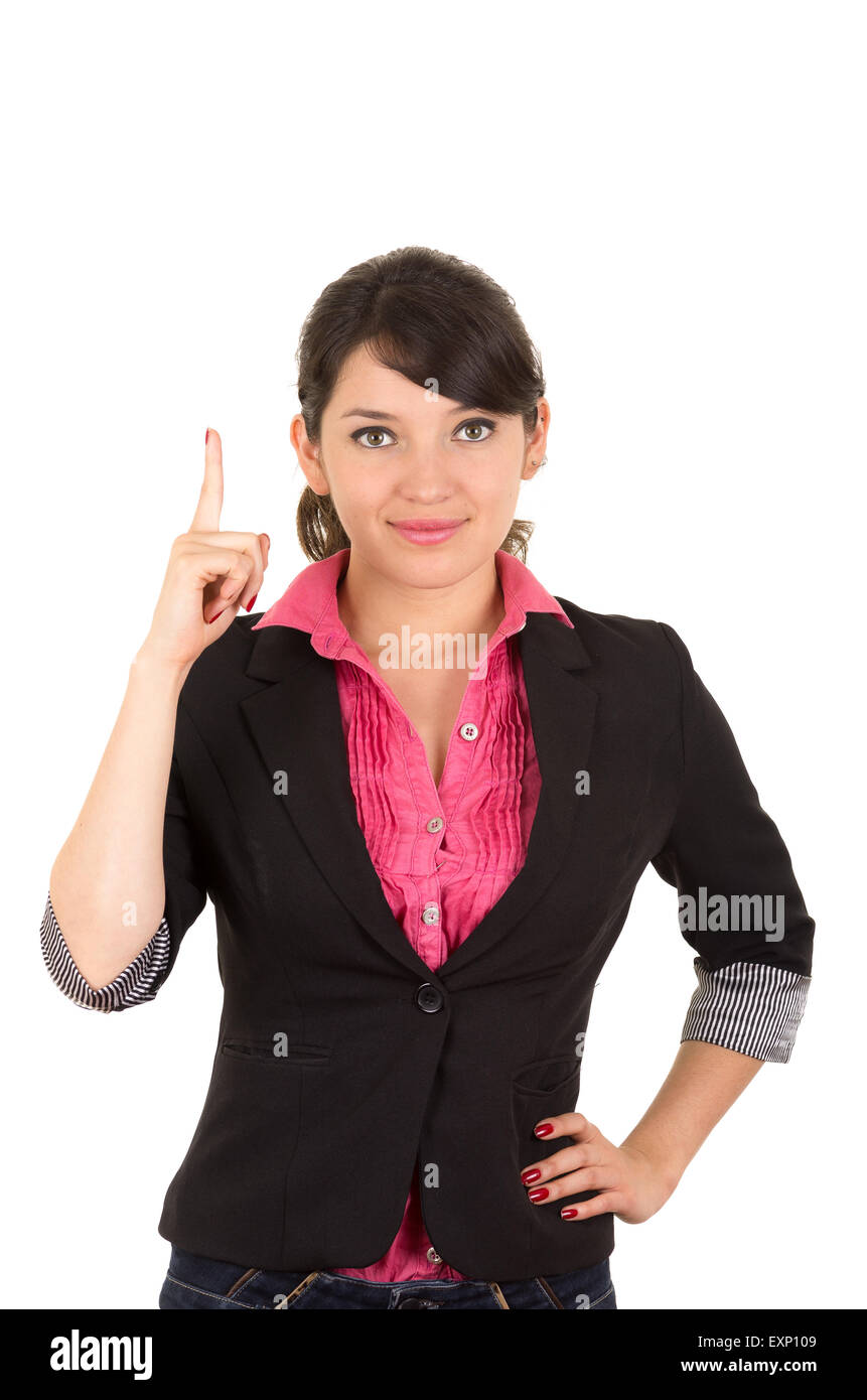 Hispanic woman in pink shirt and black blazer jacket holding one finger ...