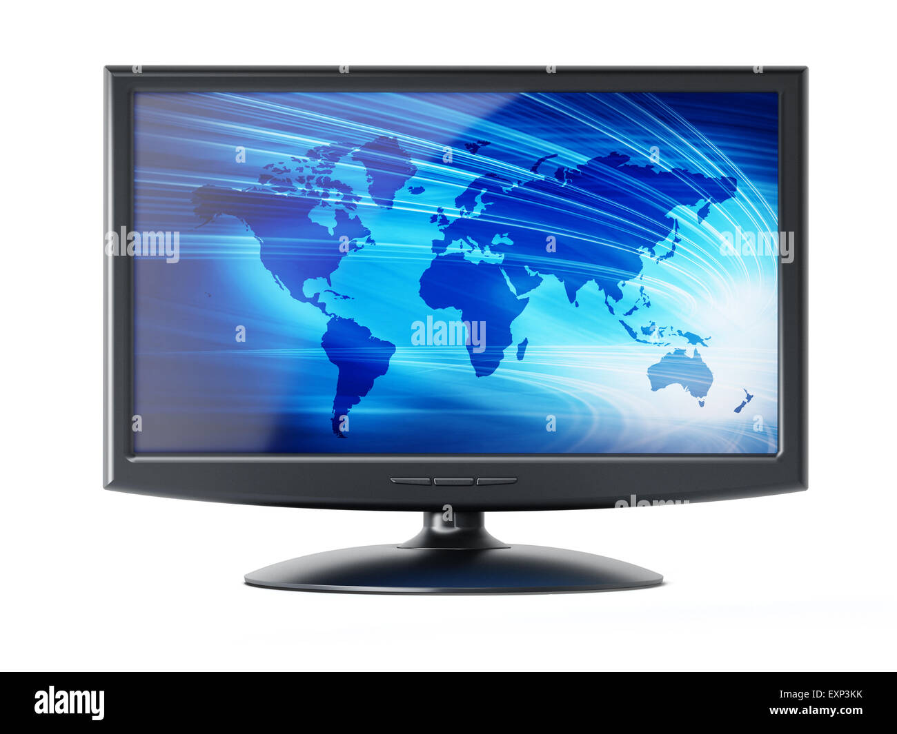 Computer monitor with blue earth background on the screen isolated on ...