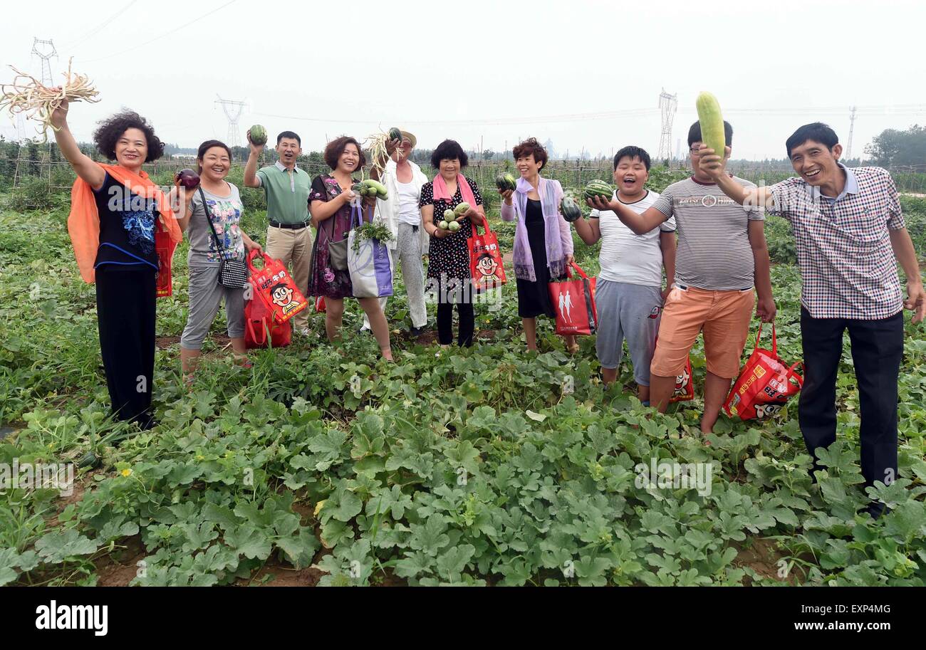 Bazhou, China's Hebei Province. 16th July, 2015. People show fruits and ...