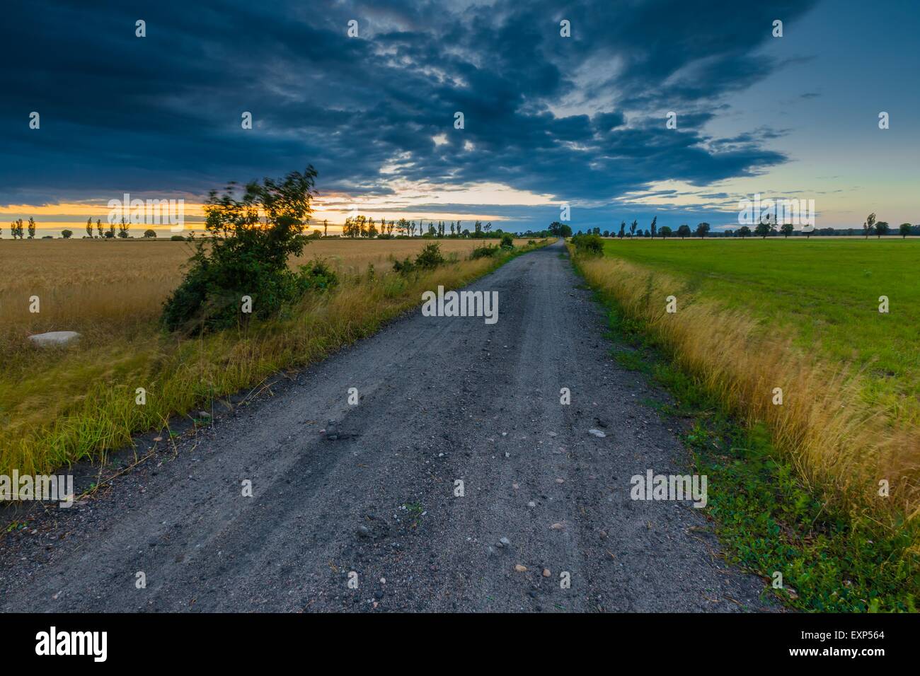 Landscape with dark stormy sky over fields. Beautiful rural countryside ...