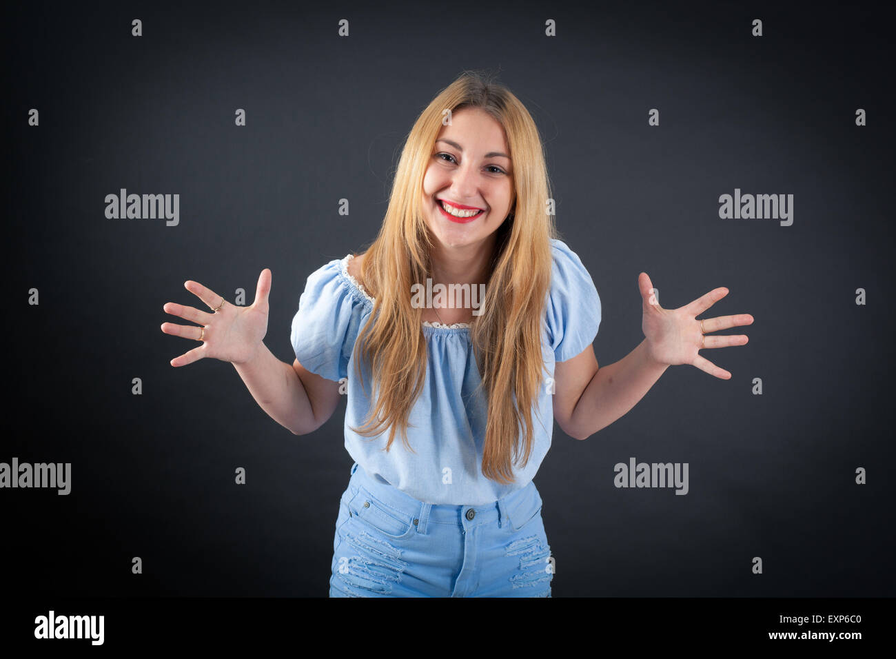 Beautiful girl doing different expressions in different sets of clothes ...